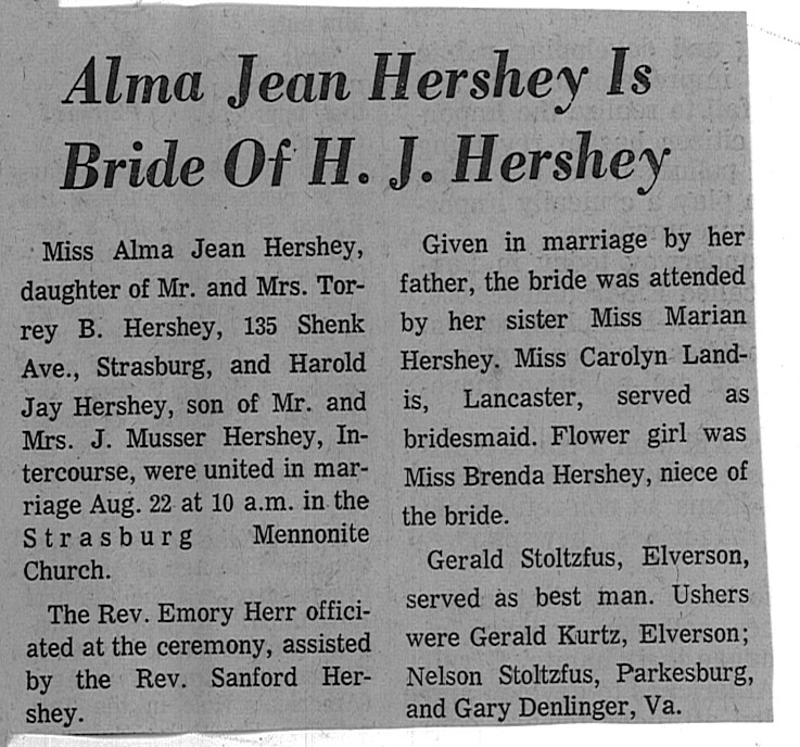 Marriage-Hershey Alma Jean and Hershey Harold Jay – Mennonite Life